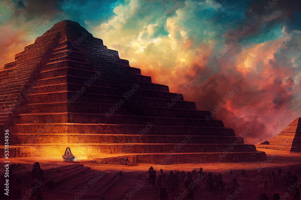 Ancient aztec pyramid. A gigantic structure with a dramatic lighting in ...