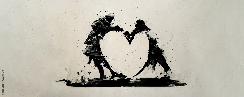 Symbolic digital artwork showing two people holding a heart together ...