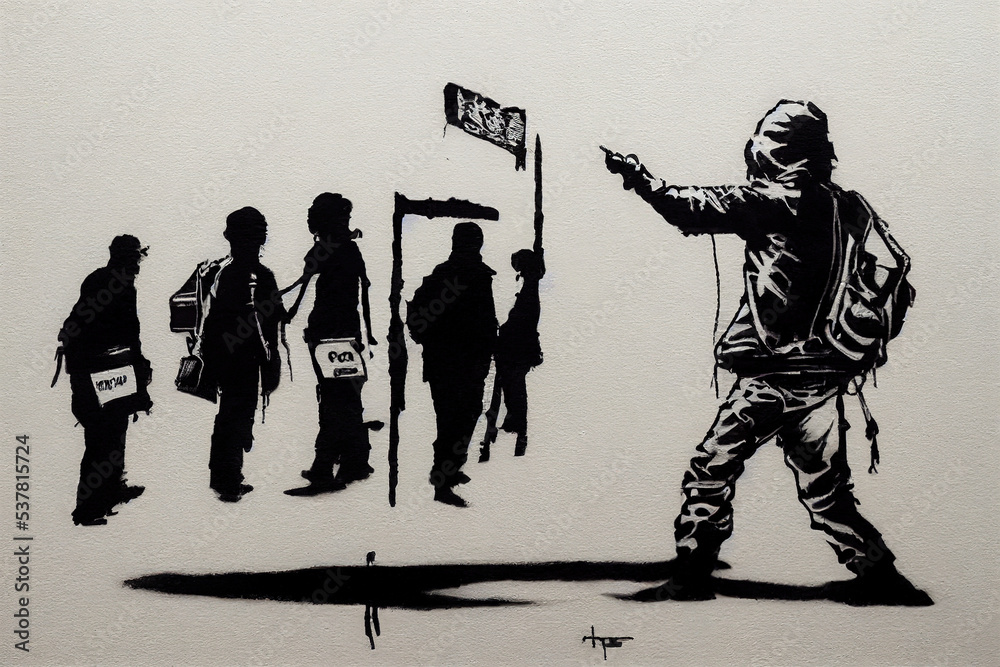 Abstract digital ink art with shadows of protestors with a protest ...