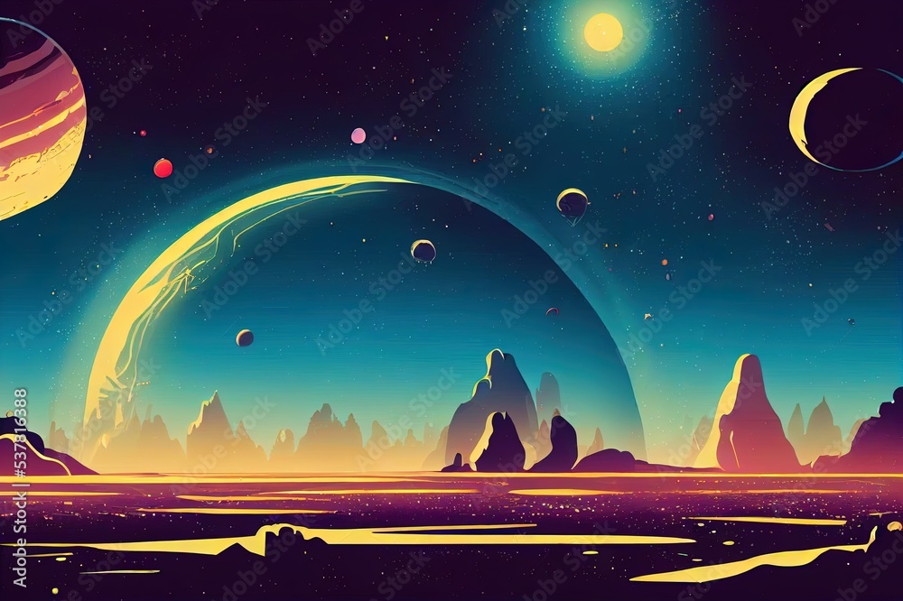 Space game background, night alien fantasy landscape with flying rocks ...