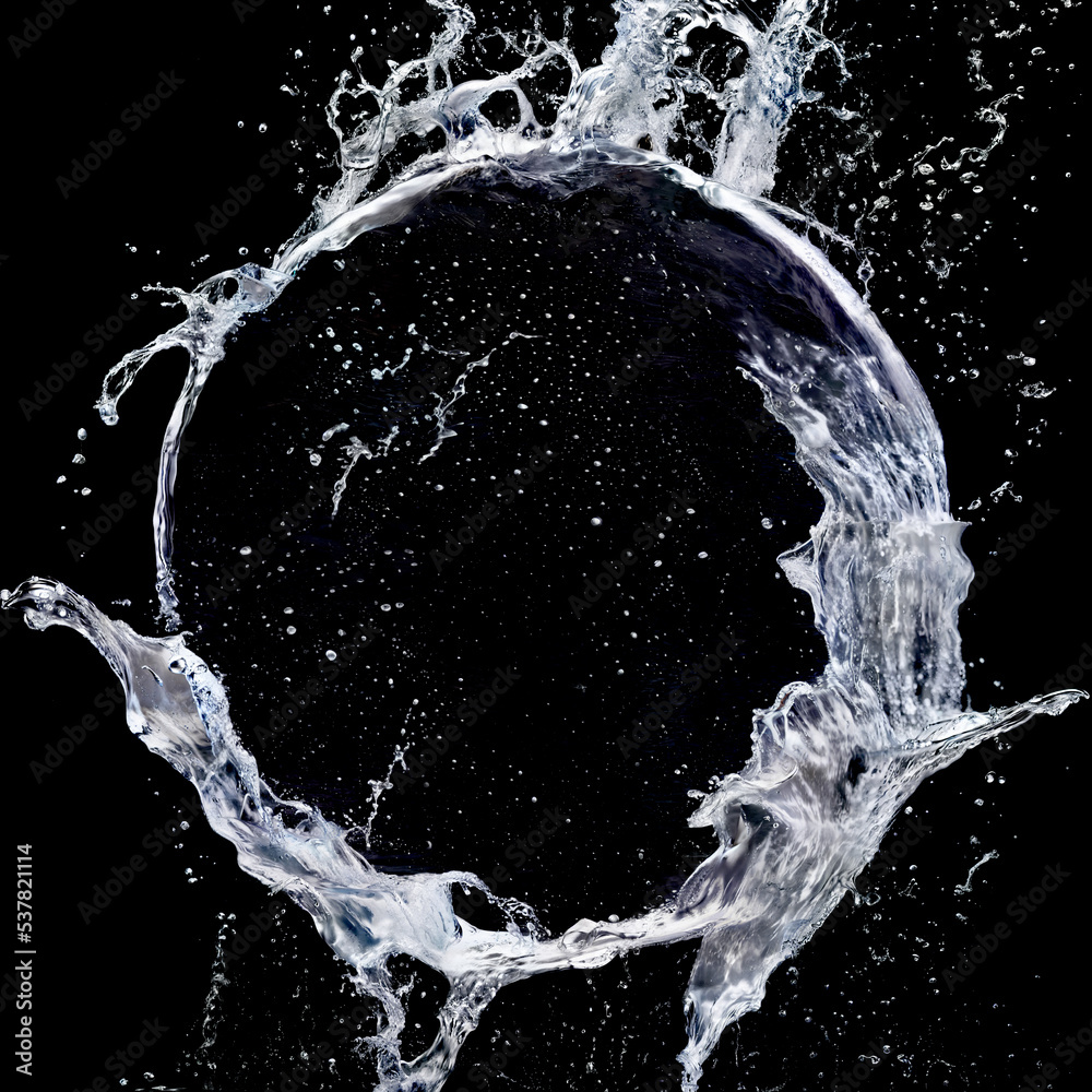 water splash in a circle form. round aqua frame. isolated on black ...