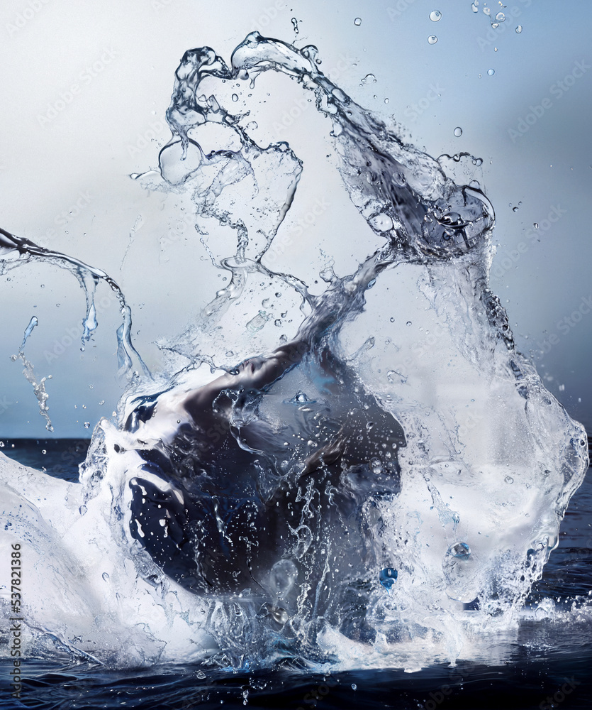 Water splash with reflection. Liquid splashing, ripple and wave forming ...