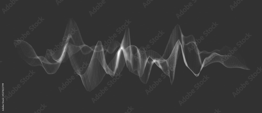 Glowing white abstract wireframe sound waves, visualization of ...
