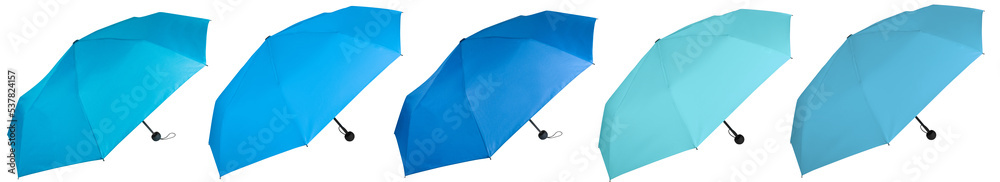 Set of different light blue colors umbrellas isolated on white ...