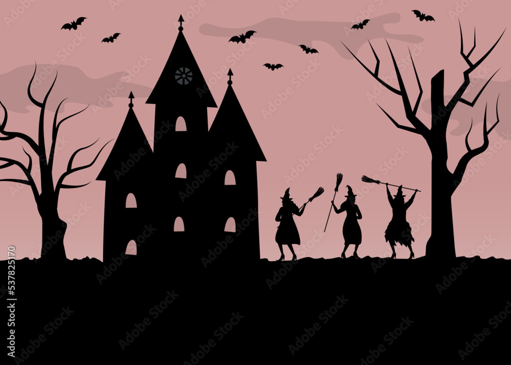 Halloween coven. Witches dance with brooms. Black silhouettes of women ...