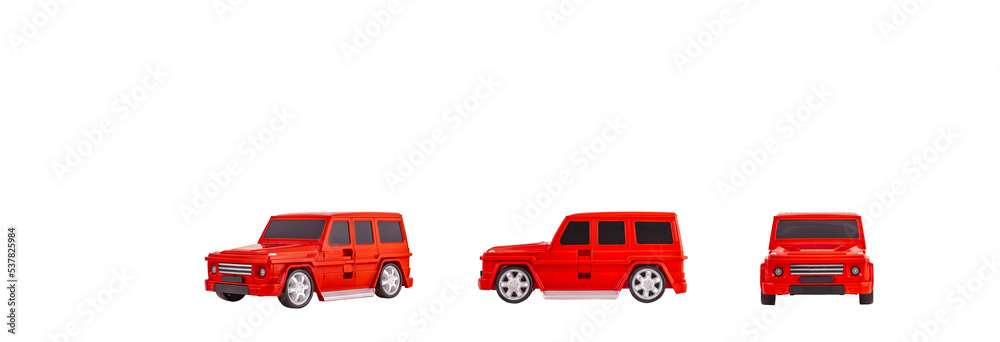 Small red car toy with transparent background, perspective view, front ...