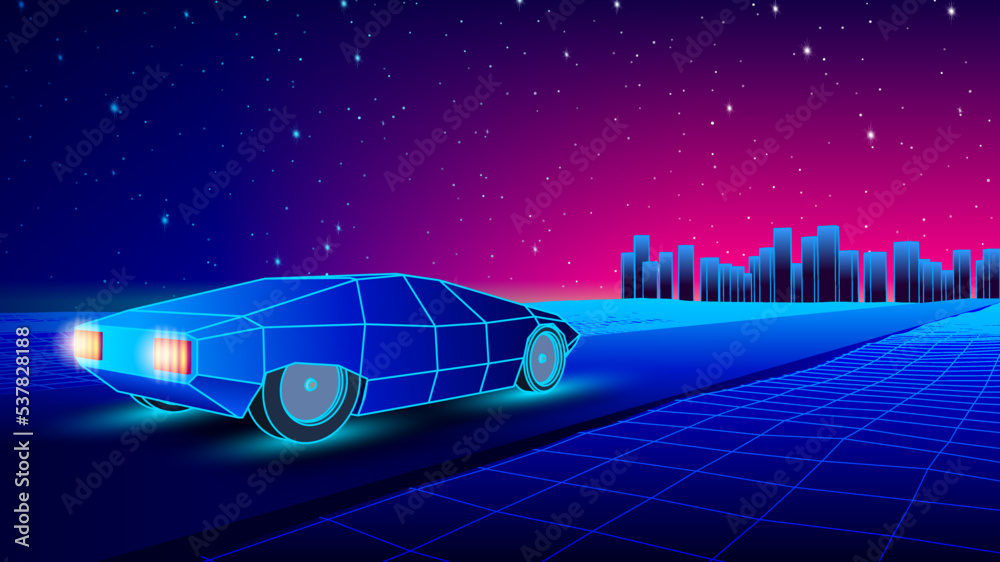 Neon car in 80s synthwave style racing to the city. Retrowave auto ...