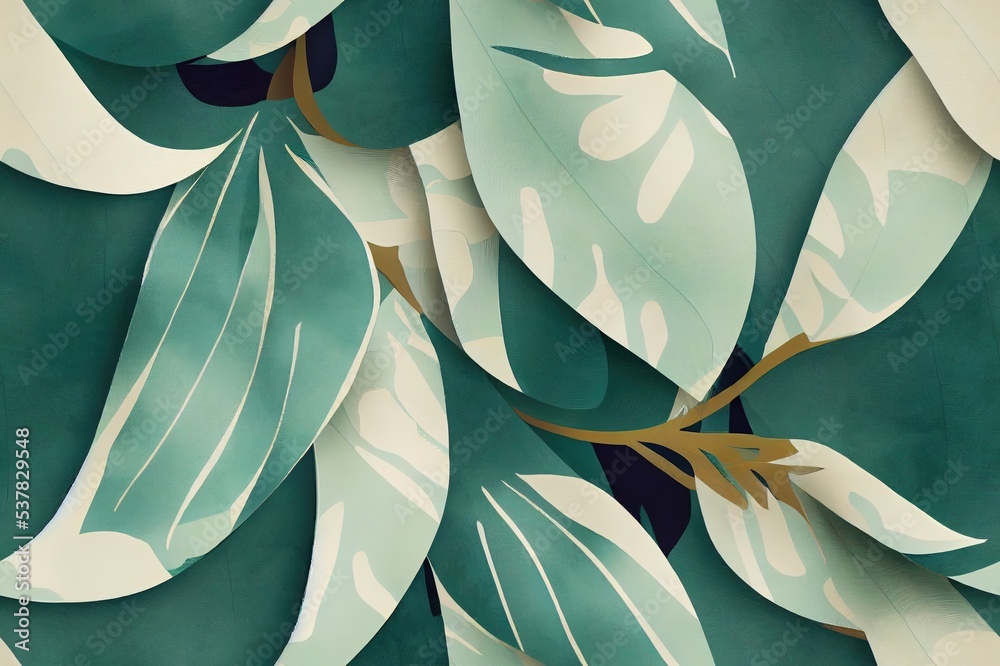turquoise and green tropical leaves. Seamless graphic design with ...