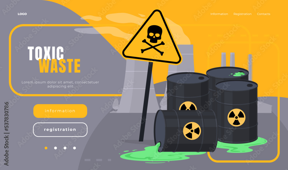 Loading page with radioactive waste in barrels. Industrial ...