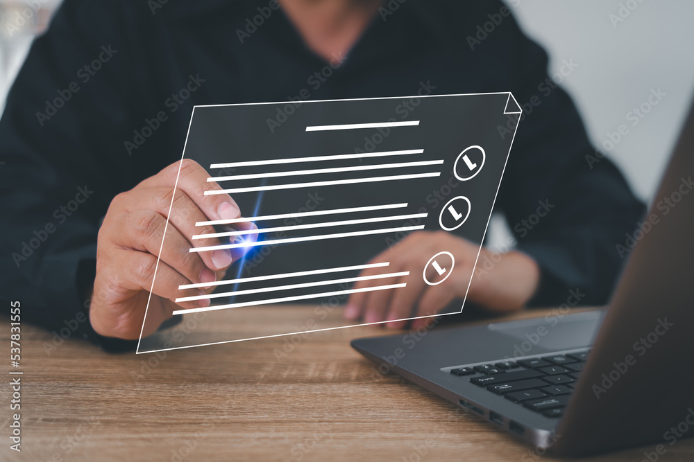 Business people sign and check electronic documents digital in virtual ...