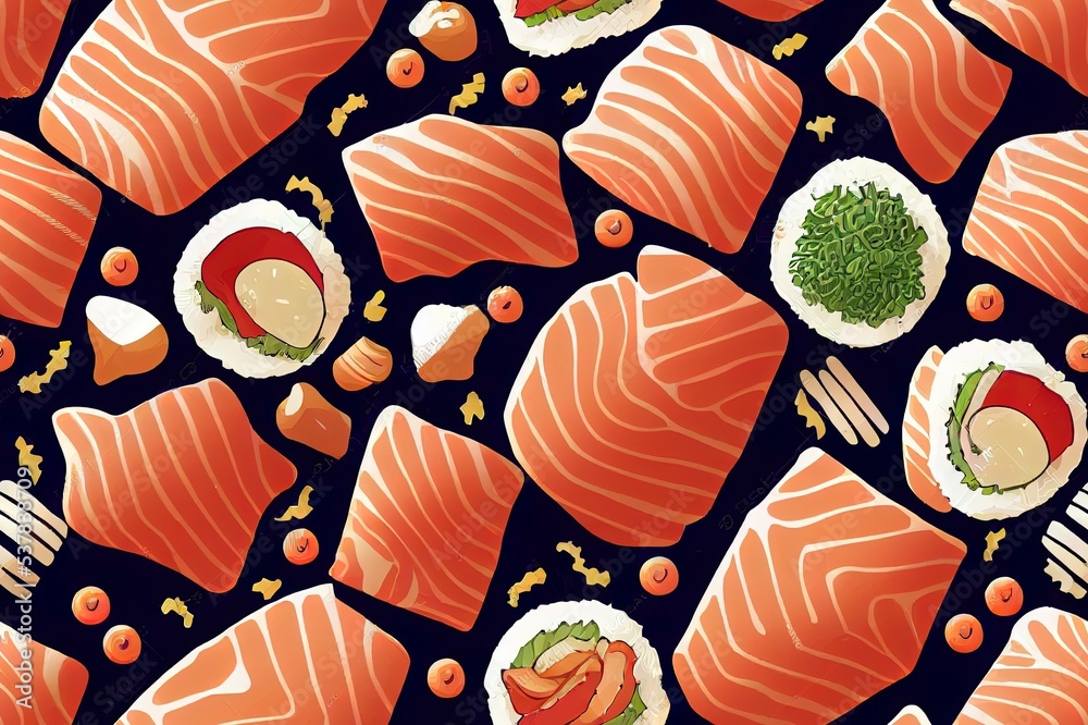Abstract Seamless Pattern with Linear Stylized Salmon Fish Fillet ...