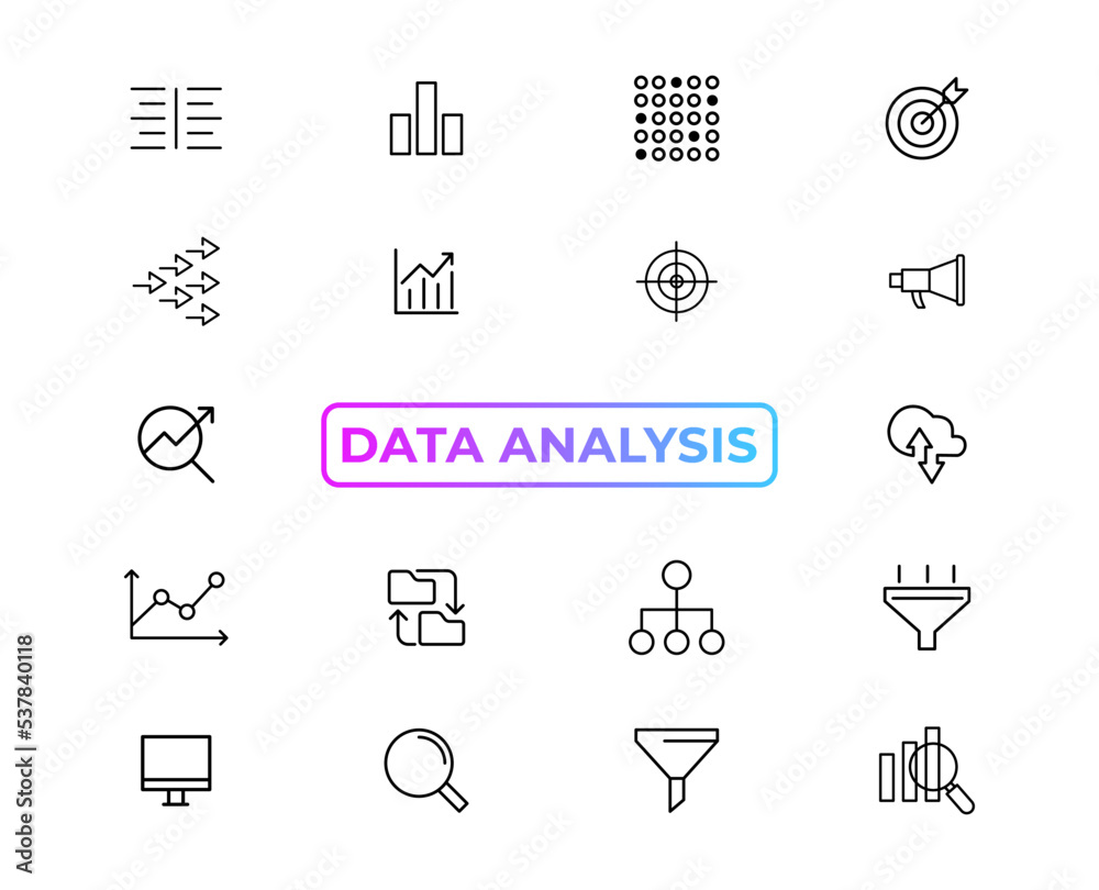 Big data analysis thin line icon set. Data processing outline ...