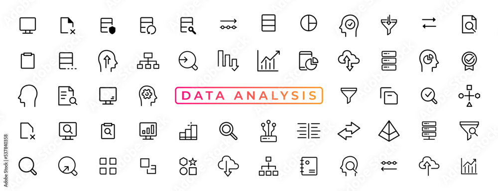 Big data analysis thin line icon set. Data processing outline ...