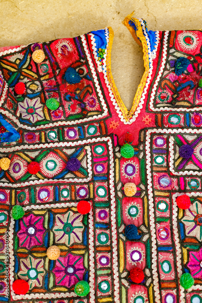 Details of embroidered traditional dress, ornemented with mirrors, Meghwal tribal style, Kutch ...