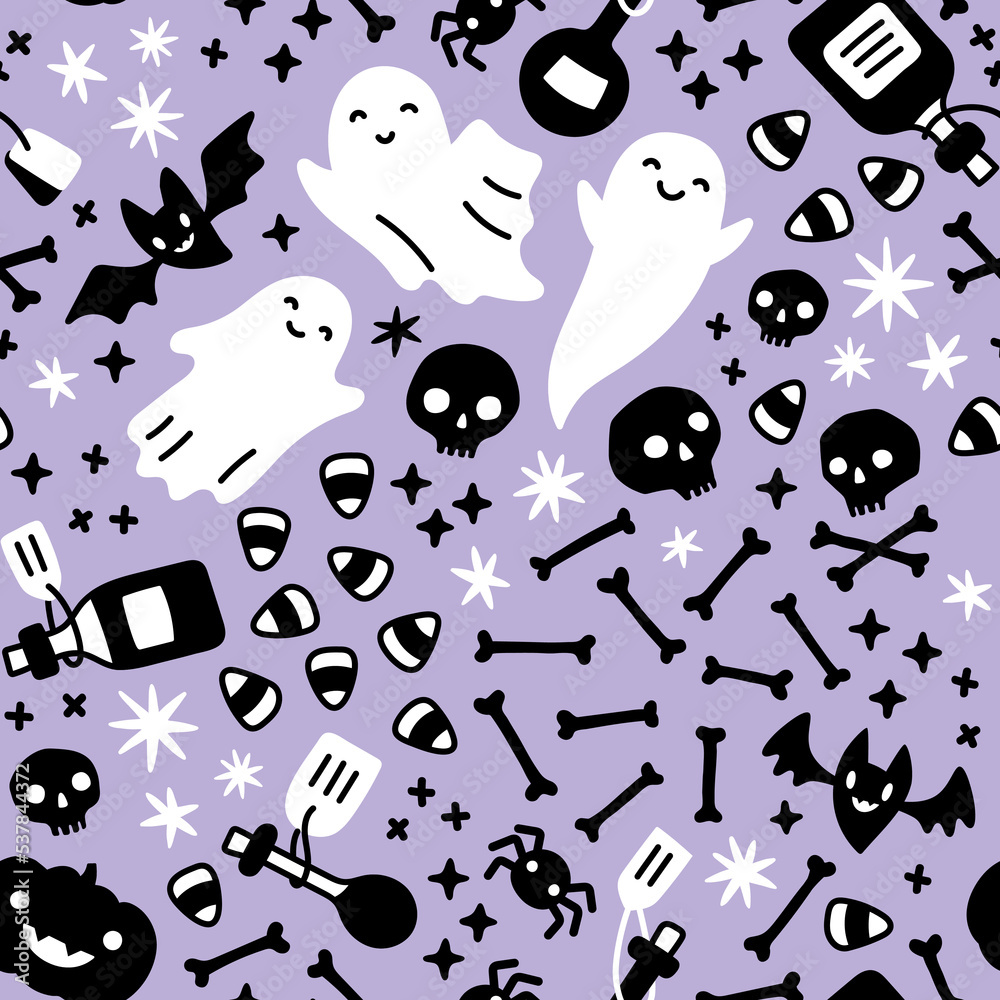 Pastel purple Halloween magical pattern with ghosts, bats, skulls ...