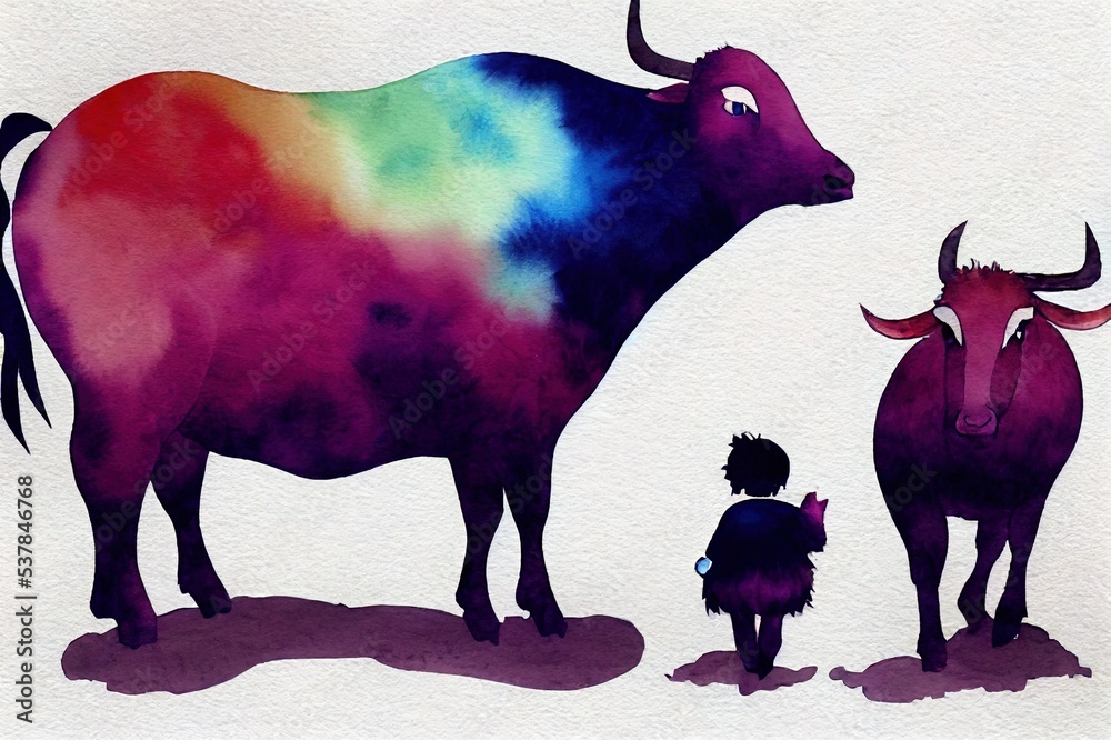 Watercolor Mom and Baby Yak for Baby Shower, Big brown bull, Yak ...