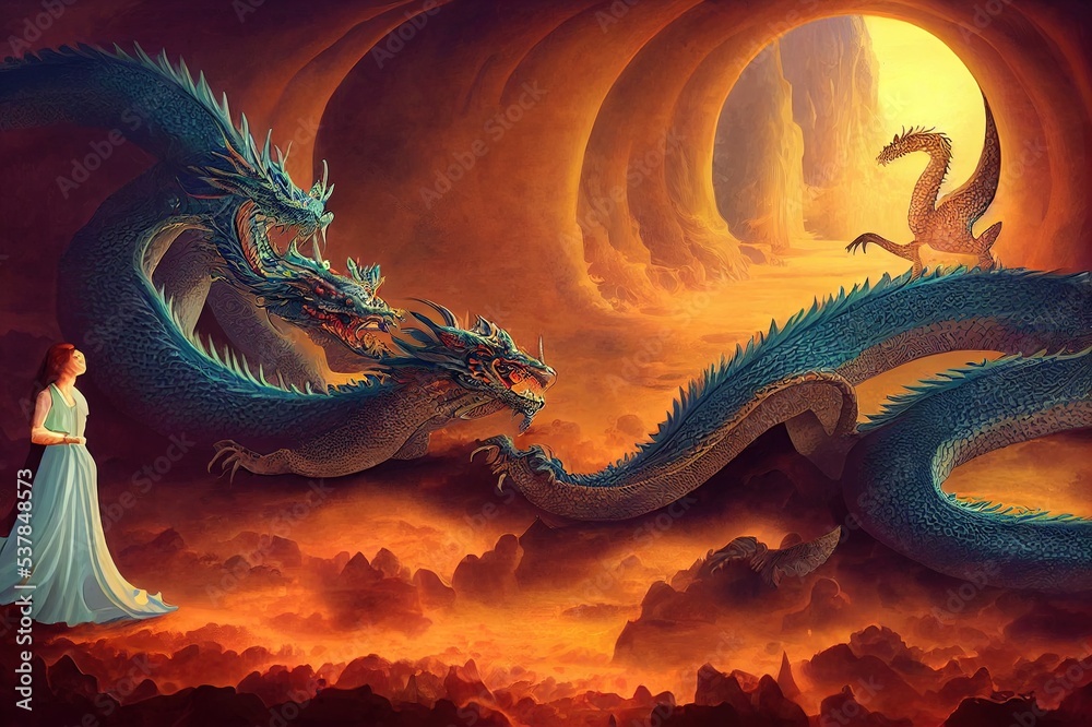 fantasy scene of a woman reaching for the dragon with a nearby lord ...
