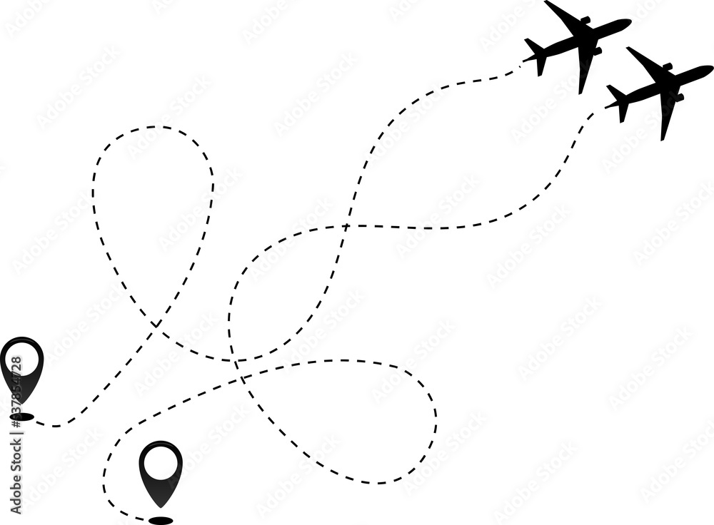 Airplane line path icon of air plane flight route dash line trace with ...