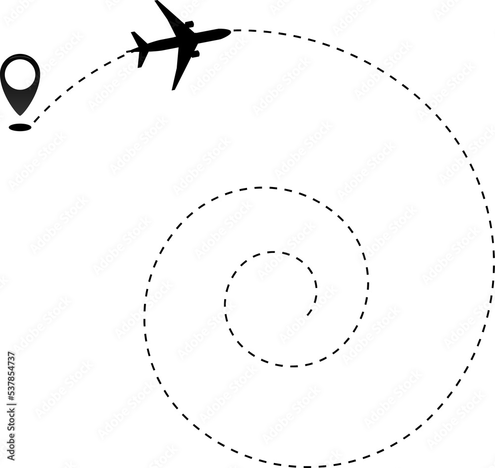 Airplane line path icon of air plane flight route dash line trace with ...