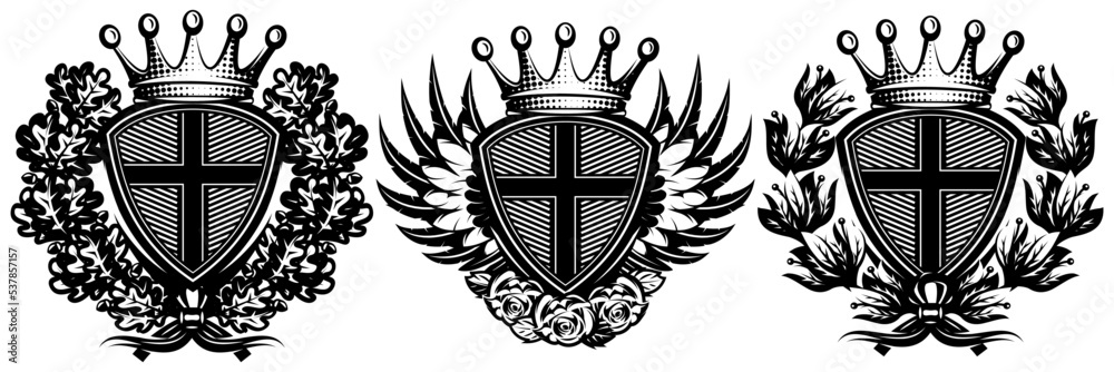 Vector set of editable templates with christian cross on shield and ...