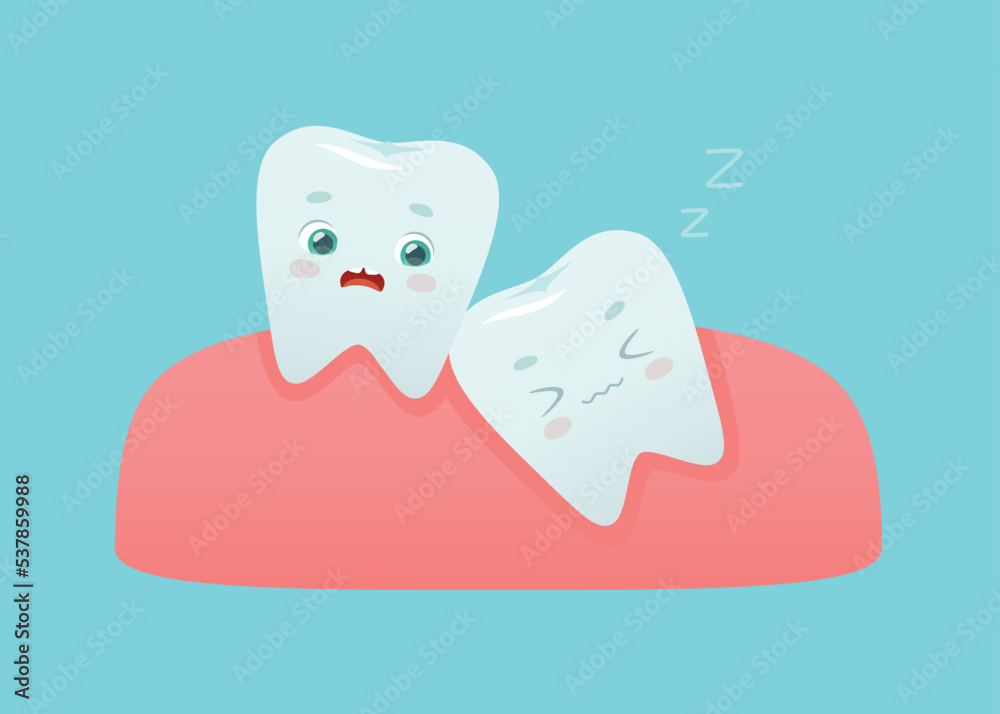 Cartoon impacted tooth in the gum. Teeth impaction cute scene for kids ...