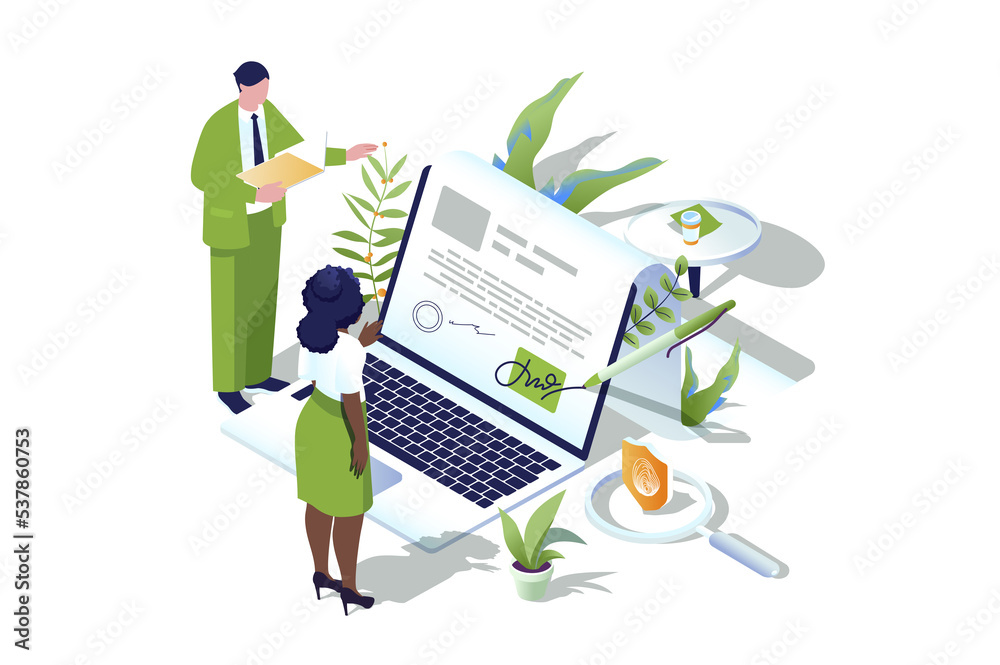 Electronic contract web concept in 3d isometric design. People make ...