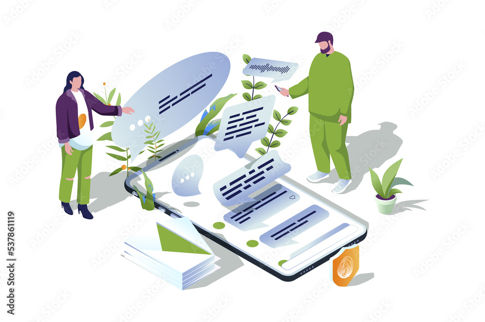 Messaging service web concept in 3d isometric design. People writes ...