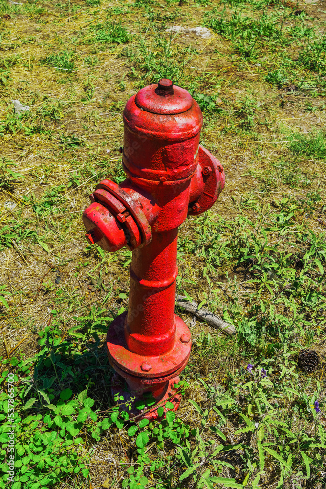 Red metal above ground water fire hydrant piping point against green ...