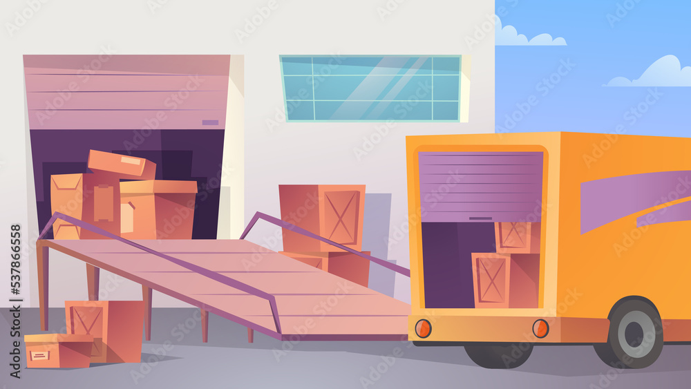 Warehouse landing page in flat cartoon style. Unloading or loading ...