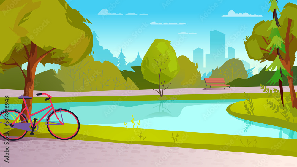City park landing page in flat cartoon style. Public nature place ...
