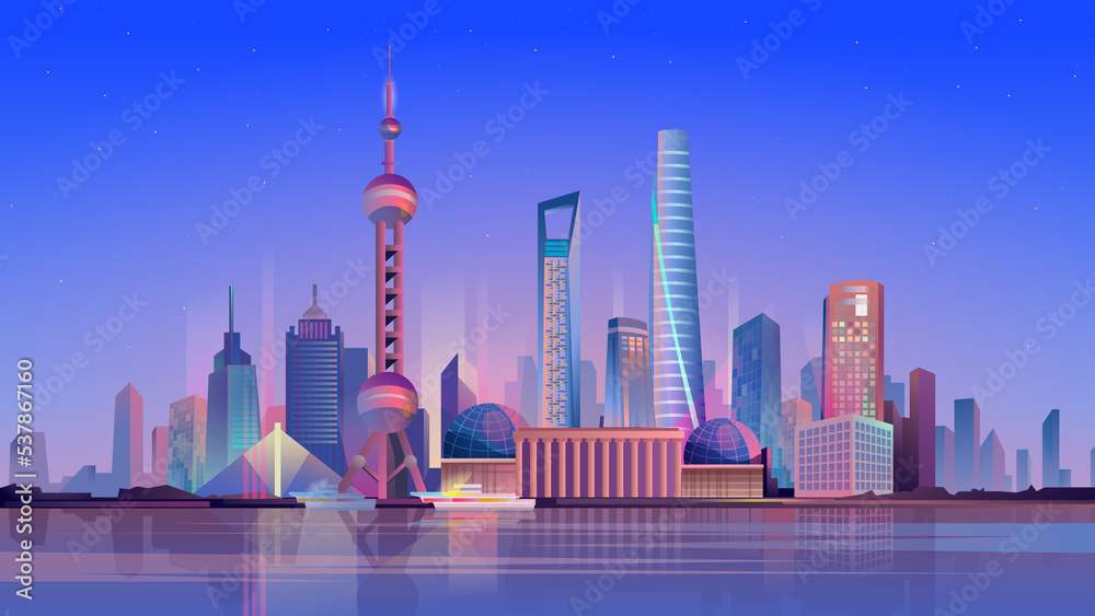 Shanghai landing page in flat cartoon style. Chinese night city ...