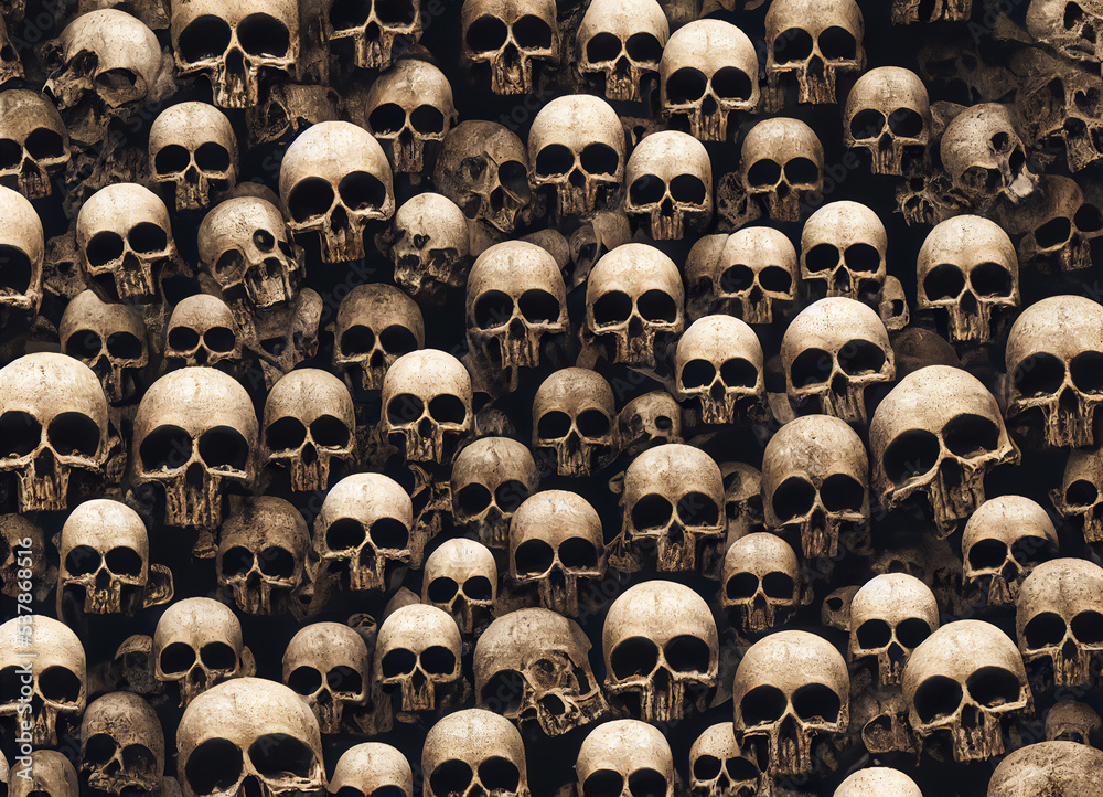 Texture and macabre background with human skulls, ossuary style, 3d ...