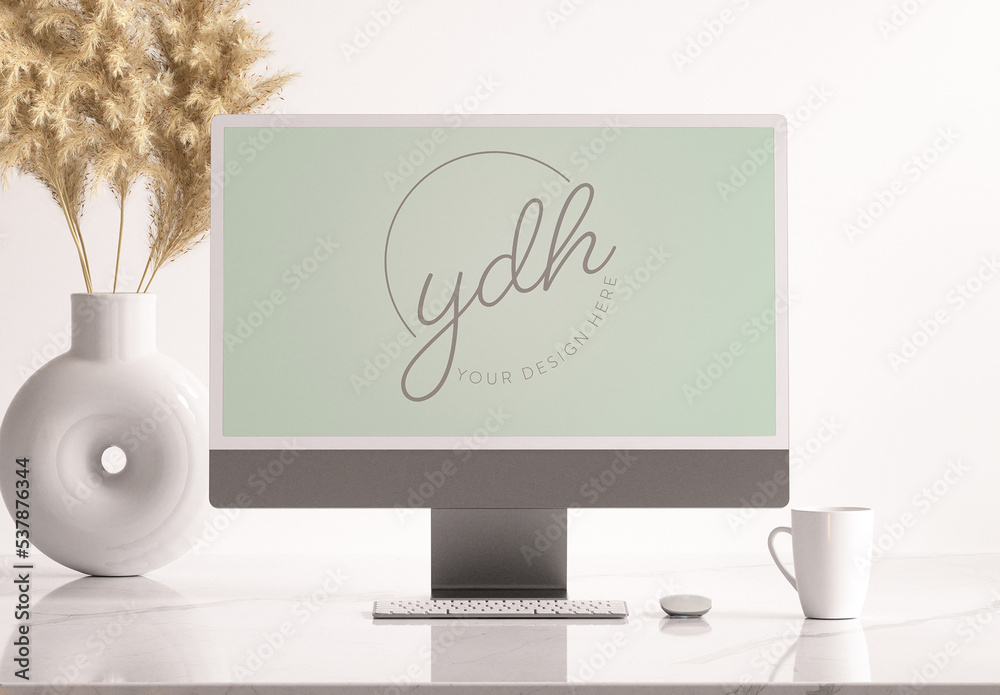 Minimal Desk with Computer Mockup Stock Template | Adobe Stock