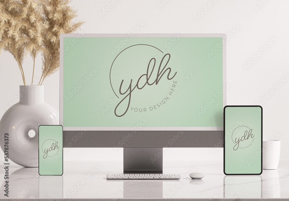 Devices on Minimal Desk Mockup Stock Template | Adobe Stock