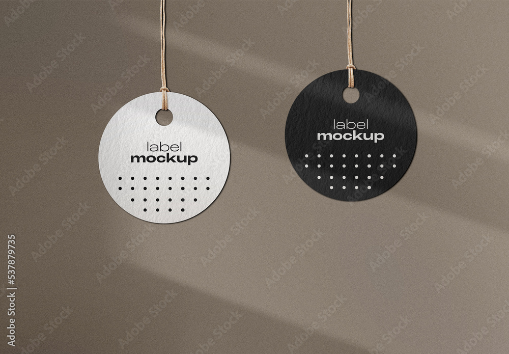 Dual Round Label Tag Mockup Set – White and Black Hanging Tags on Beige ...