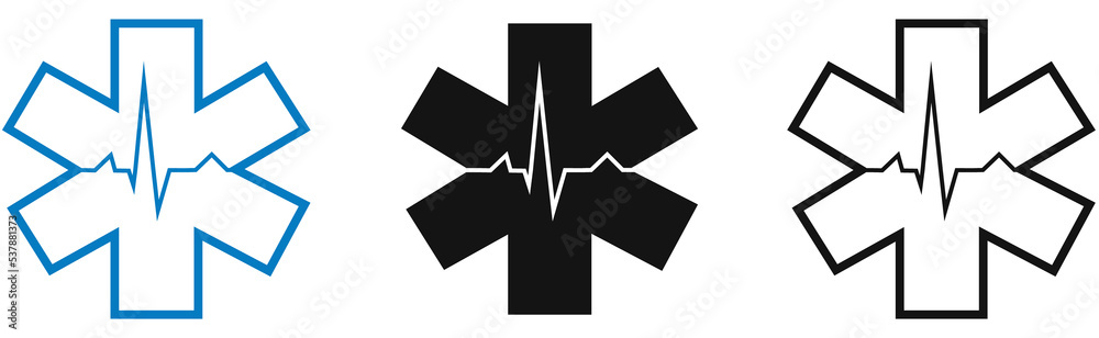 Set of three medical symbols blue, black with white Star of Life with ...