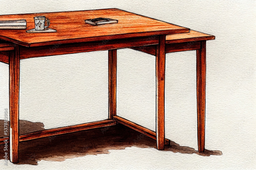 Watercolor wood table illustration. Hand drawn brown desk with wooden ...