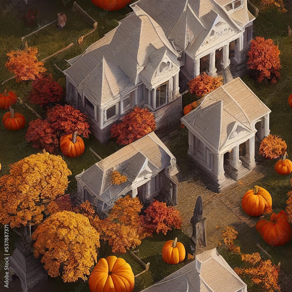 Atlas of a pub game and maze featuring victorian houses and pumpkins in ...