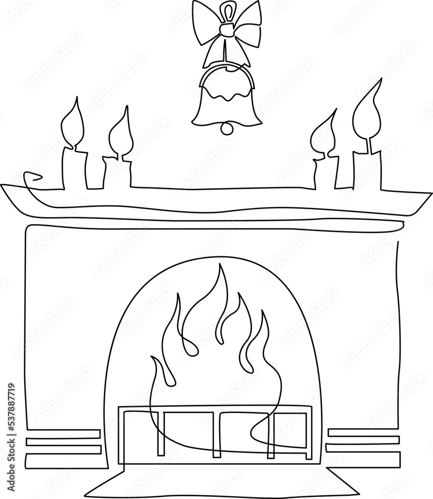 Stone fireplace with a burning fire inside. Traditional decoration of ...