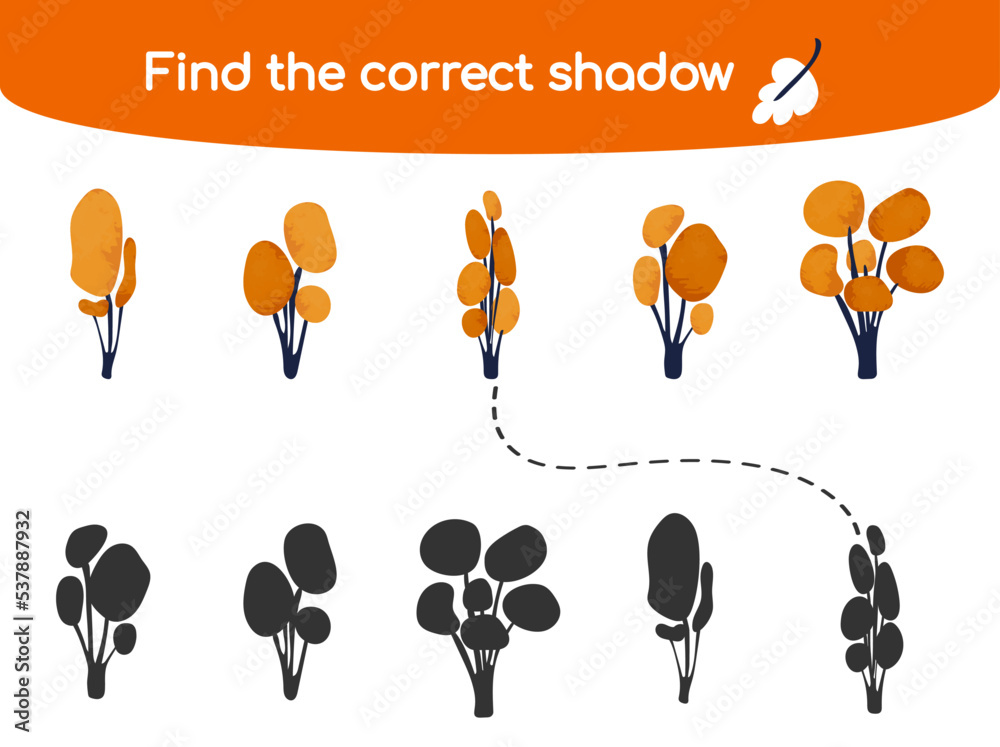 Find the correct shadow. Kids educational game Cute autumn trees with ...