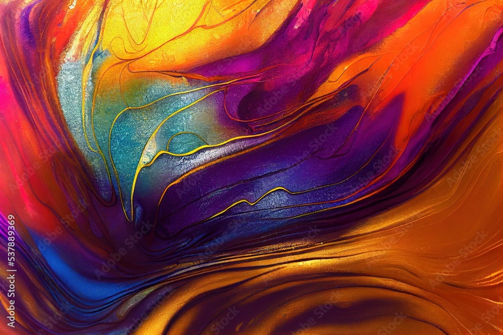 Currents of translucent hues, snaking metallic swirls, and foamy sprays ...