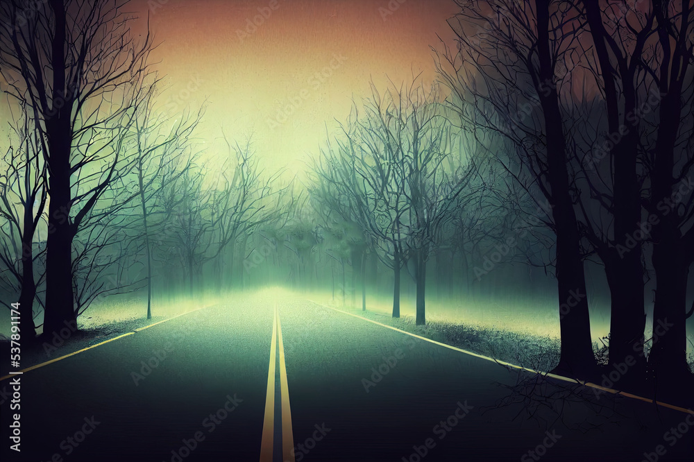 Raster illustration of spooky empty road in dark scary forest under ...