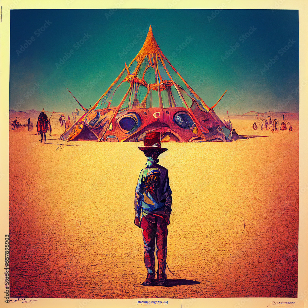 Burning Man Festival, psychedelic illustration, colorful background ...