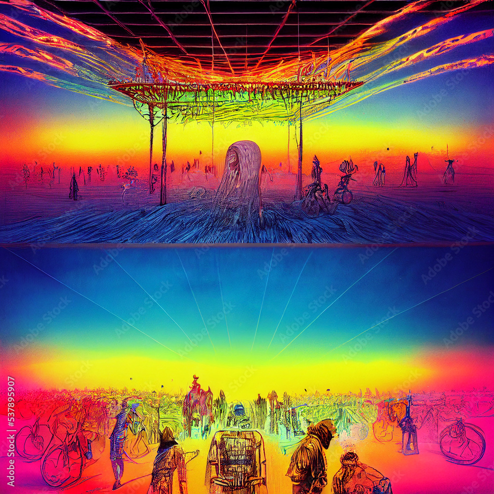 Burning Man Festival, psychedelic illustration, colorful background ...