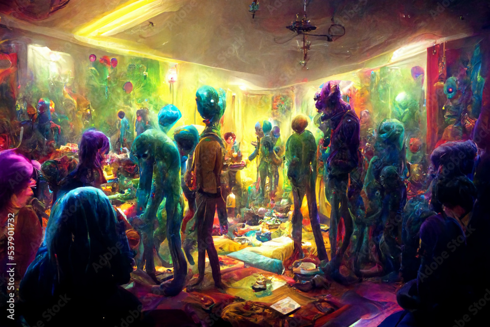 Funny-looking colorful monsters having fun. Junkie aliens partying ...