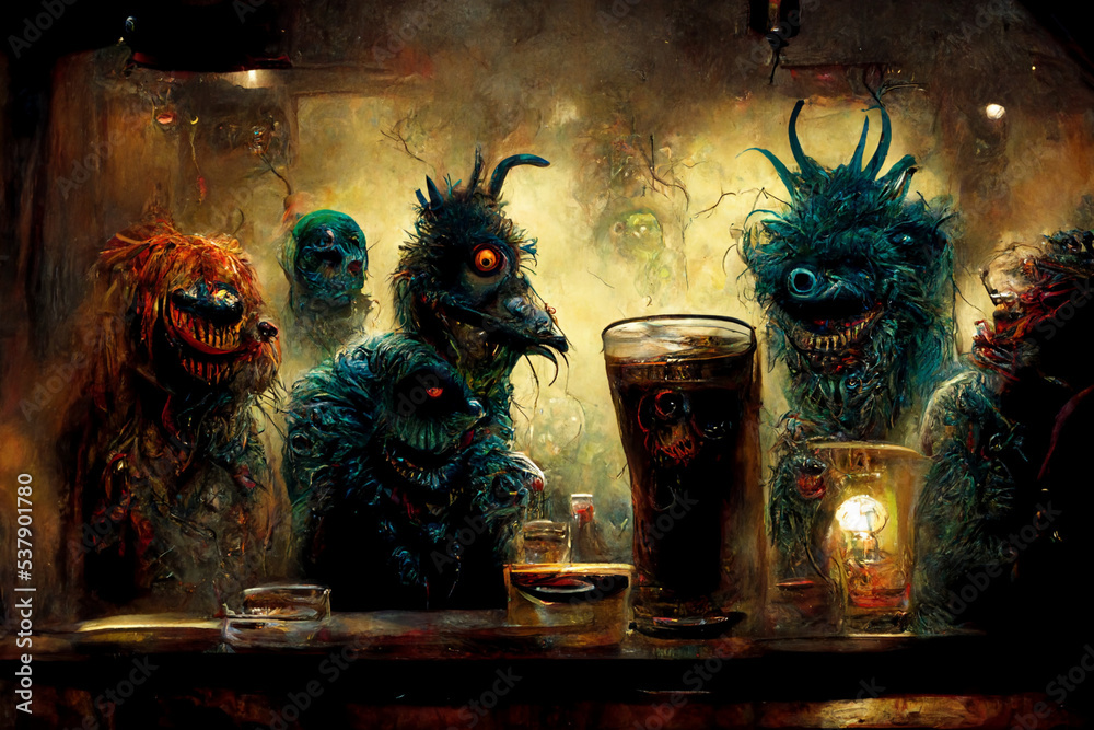 Nightmare monsters at the bar having fun. Scary horrifying monsters ...