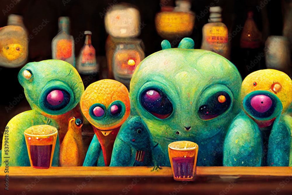 Cute colorful aliens and monsters at the bar having fun. Aliens and ...