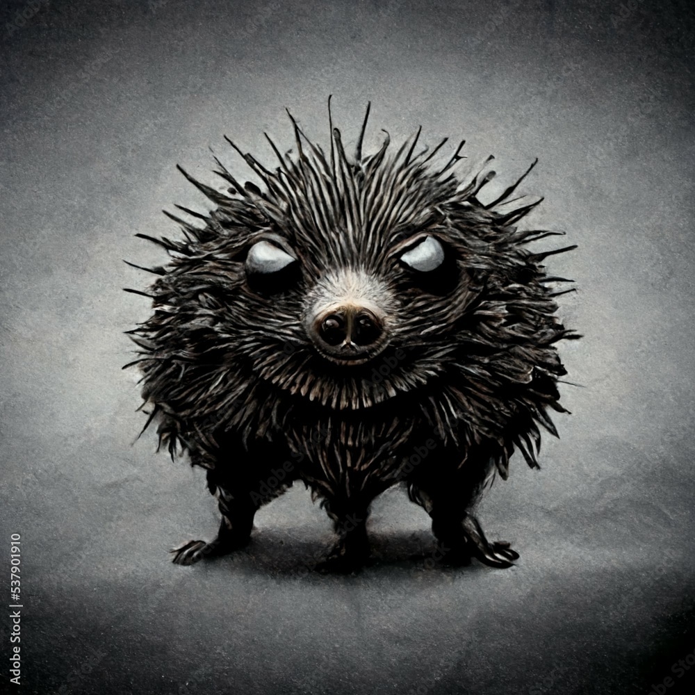 Ugly scary nightmare hedgehog looking at the camera. Pale colors, a ...