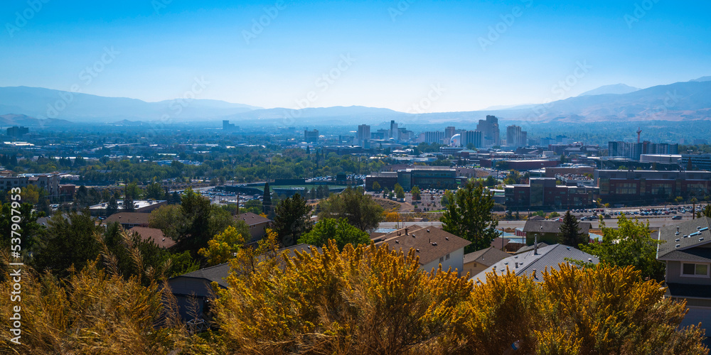 Reno autumn city skyline at sunrise, the state capital of Nevada ...