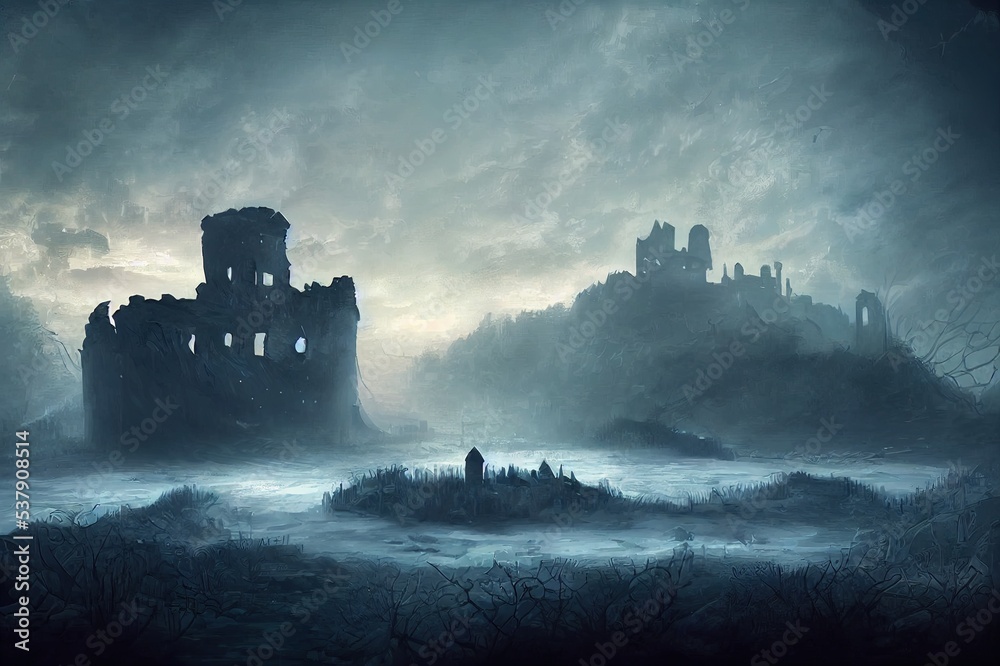 Digital painting of castle ruins with a mysterious undead ghost king ...